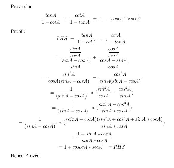 JEE ADVANCED SELECTED QUESTIONS: Question.11. Prove that : tanA/(1-cotA ...