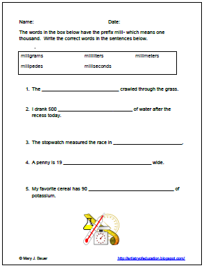Words with the Prefix Milli- Classroom Freebies