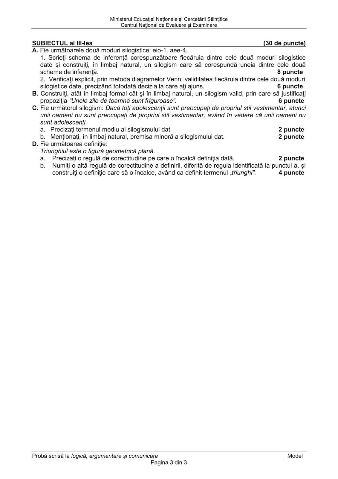 Model oficial al examen Bacalaureat, proba de Logică, argumentare și ...