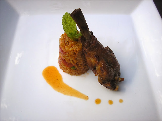 food play: ' Portuguese DUCK with spanish PAELLA .' entremet
