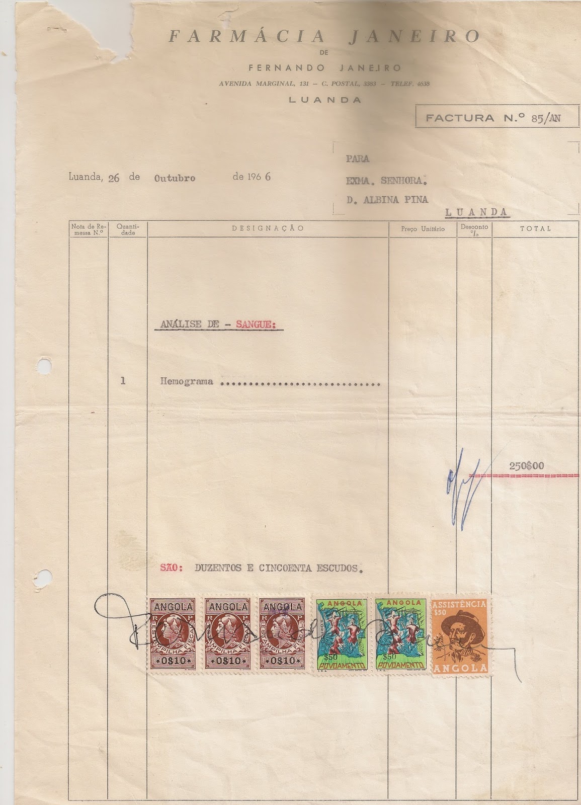 O Sótão dos Colecionadores: FACTURA - ANGOLA DA FARMÁCIA JANEIRO.