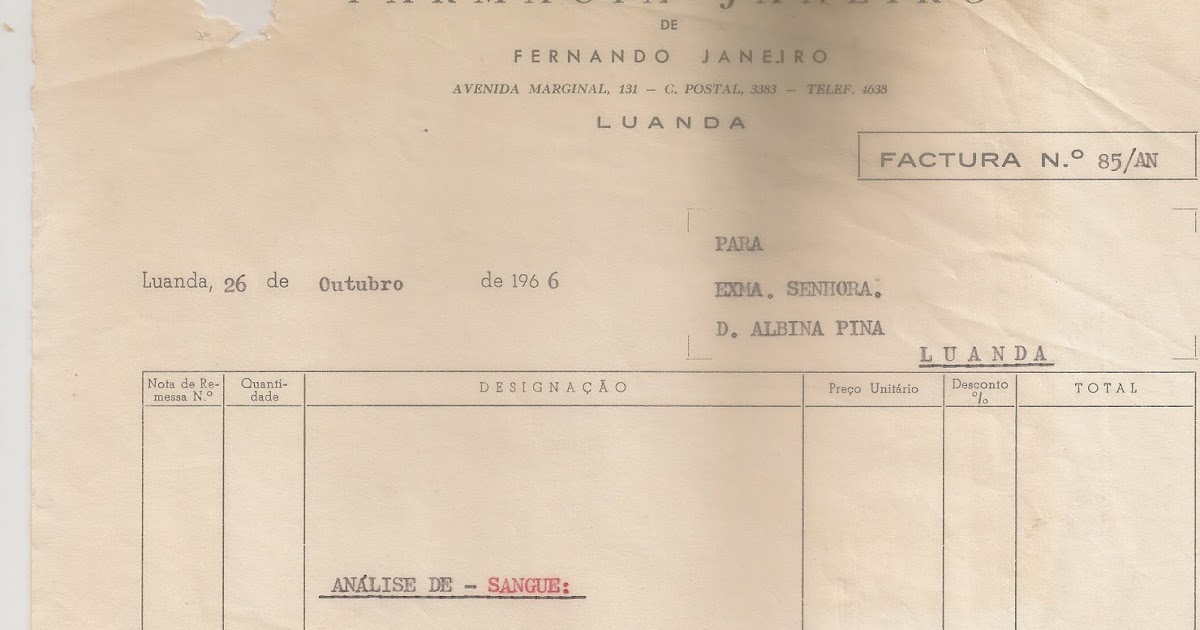 O Sótão dos Colecionadores: FACTURA - ANGOLA DA FARMÁCIA JANEIRO.