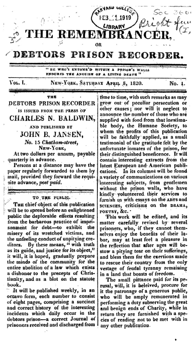 The Historical Society: Forward to the Past: Debt and Debtor's Prisons