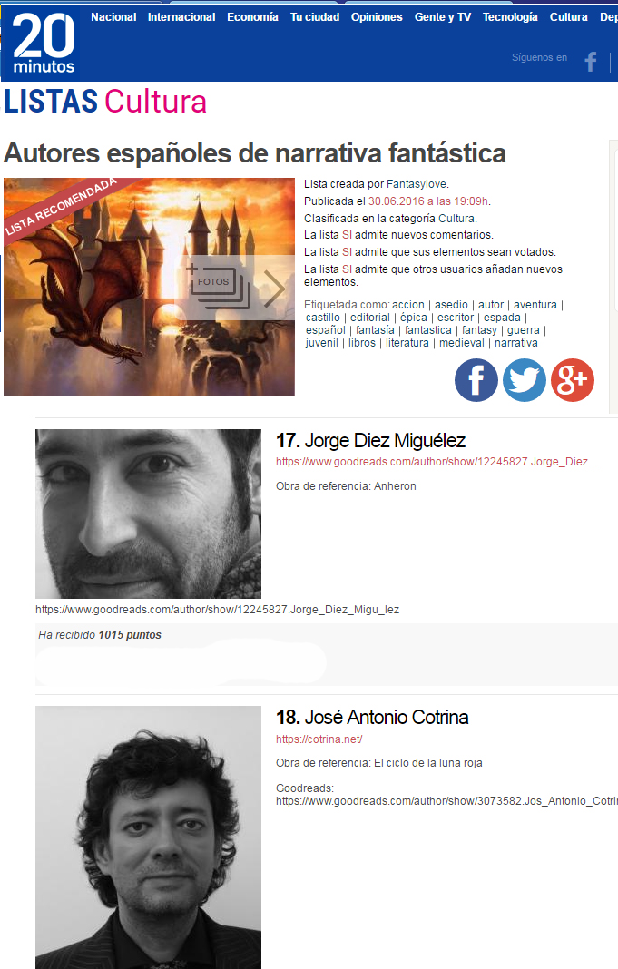 Anheron: Ránking de autores españoles de narrativa fantástica