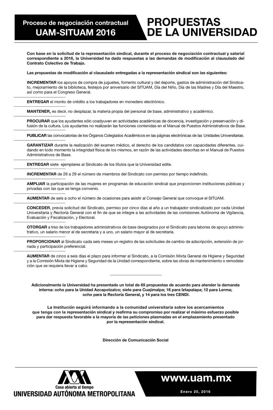 Negociaciones UAM-Situam 2016: Información de
