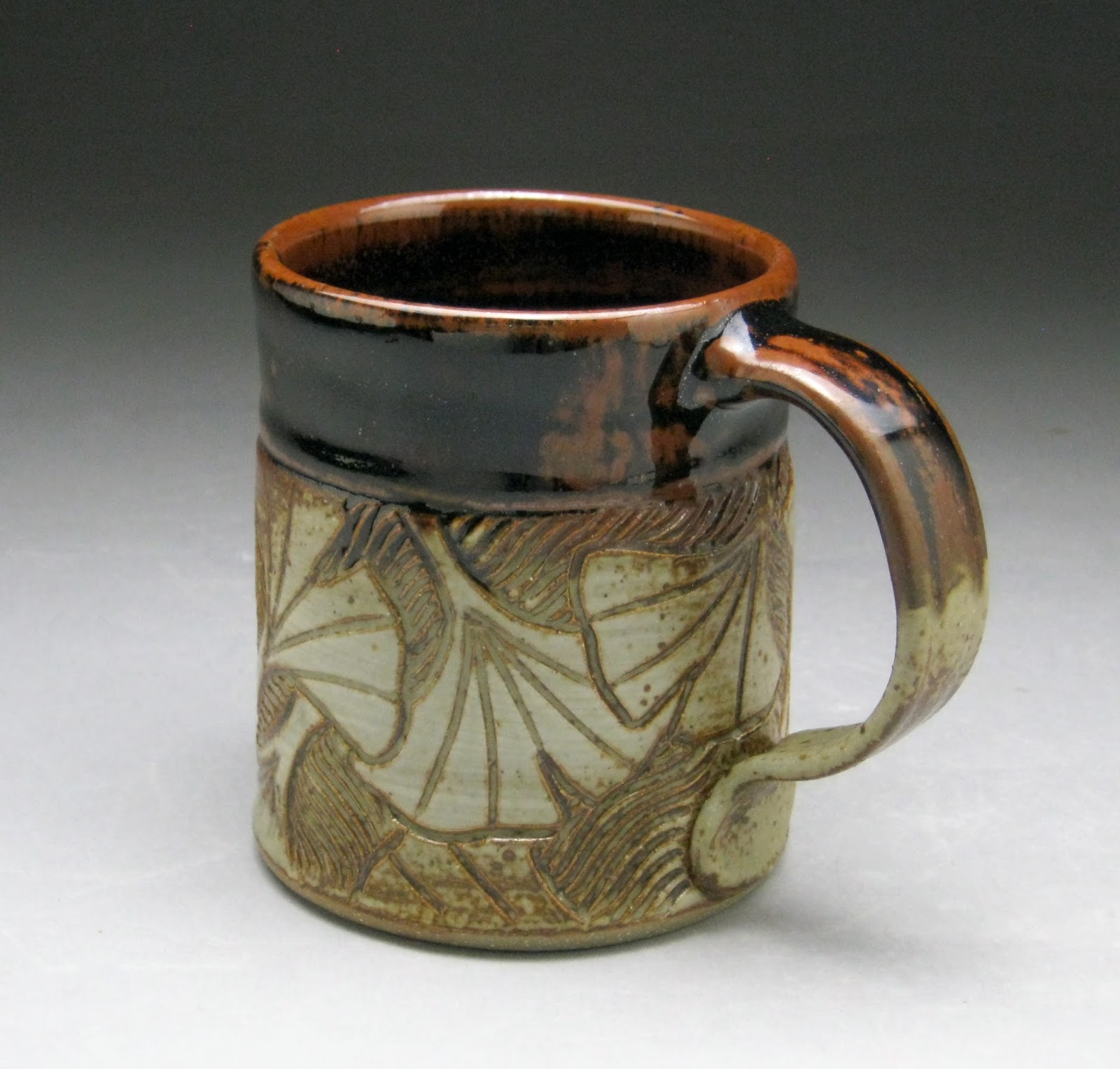 meesh's pottery: Ash glaze, Tenmoku, Ginkgo Leaves, and Hurricanes