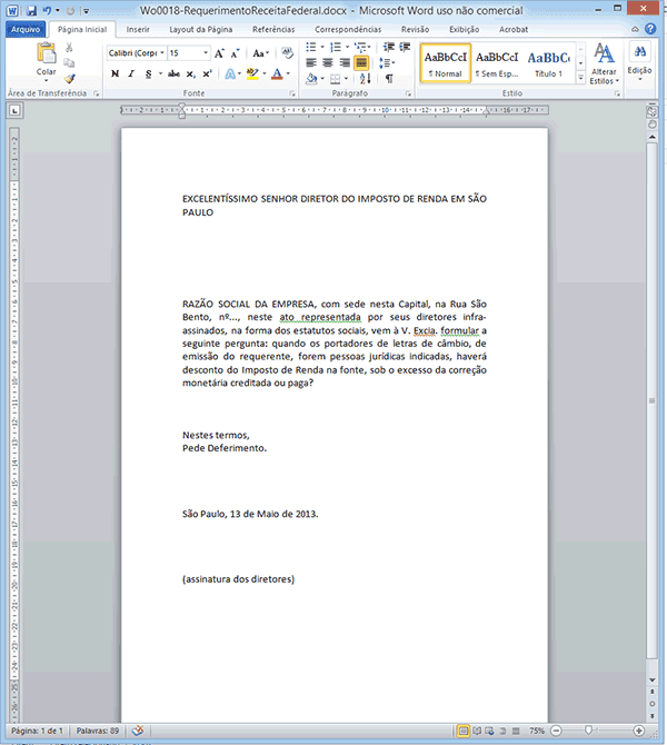 Baixe Modelos: [Word] Requerimento para Receita Federal