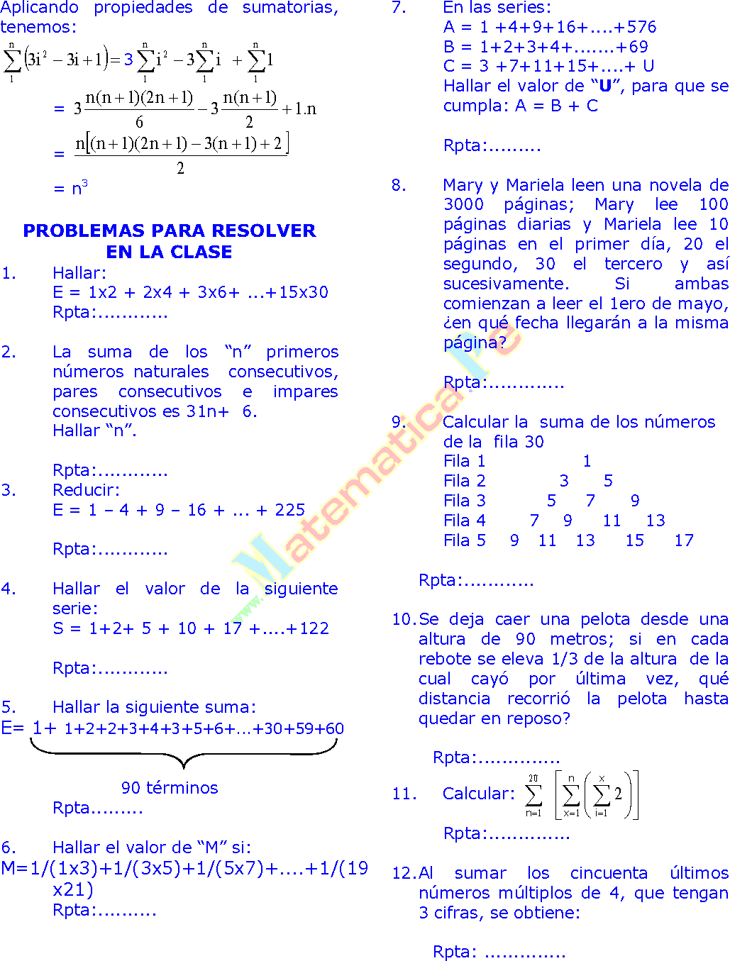 SUMATORIAS EJERCICIOS RESUELTOS DE RAZONAMIENTO MATEMÁTICO ...