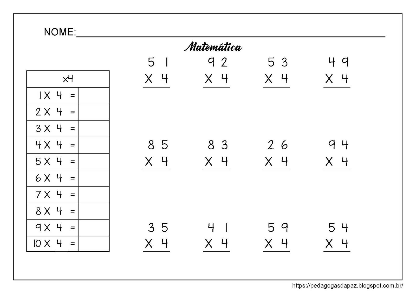 Pedagogas da paz: Atividade De Multiplicação: Tabuada E Continhas De Vezes