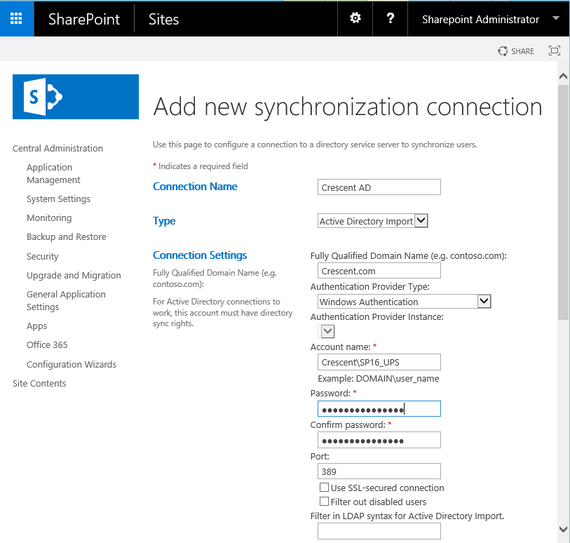 Create User Profile Synchronization Connection In Sharepoint 2016 Using