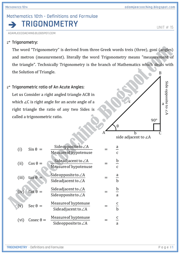 Adamjee Coaching: Trigonometry - Definitions and Formulae - Mathematics ...