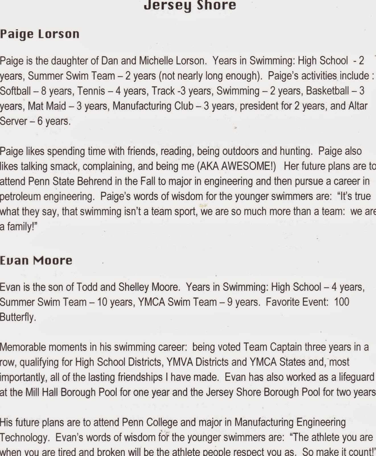 Jersey Shore (PA) Swim: Senior Bios For GSVAL Swimmers