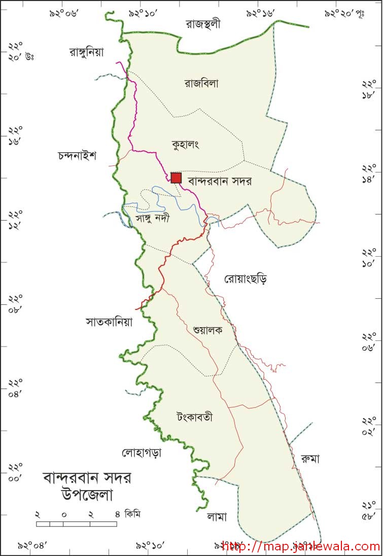 বান্দরবান সদর উপজেলা মানচিত্র, বান্দরবান জেলা, বাংলাদেশ