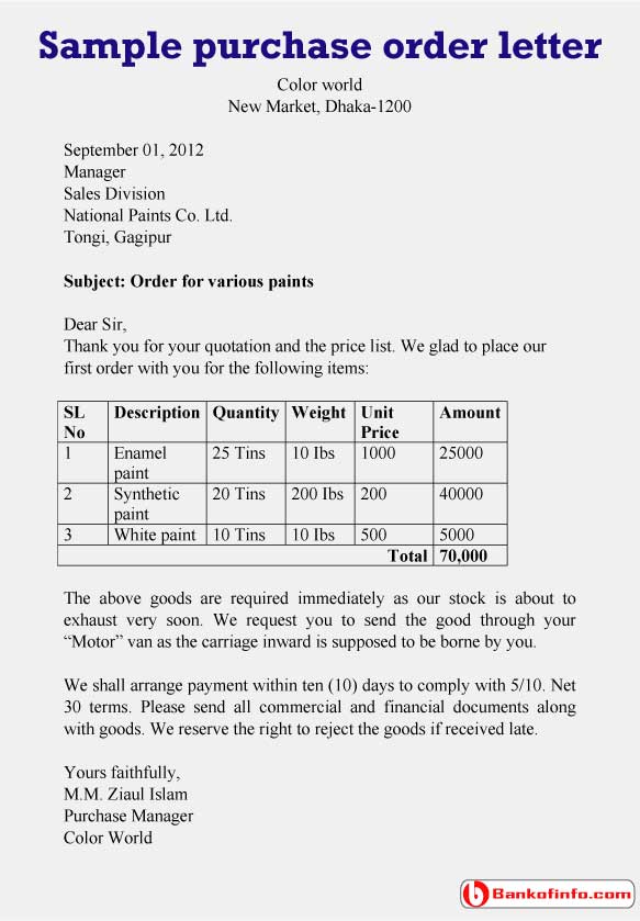 Inquiry and Order Letter