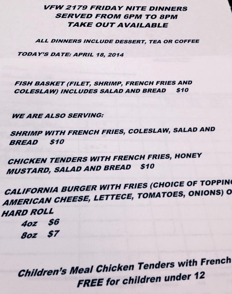 VFW Post 2179, Middletown, NJ: Friday Night Dinner 4/18