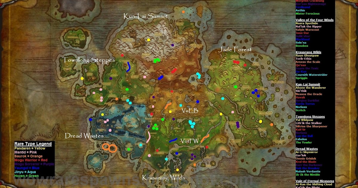 WoW Rare Spawns: Map of Rare Pandarian Champions by Type