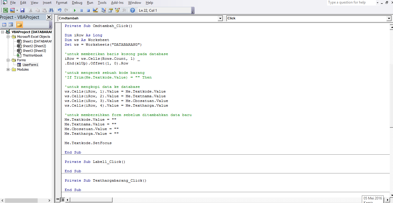 Aplikasi Komputer: Membuat Form Isian data (Entri Data Barang VBA Excel)