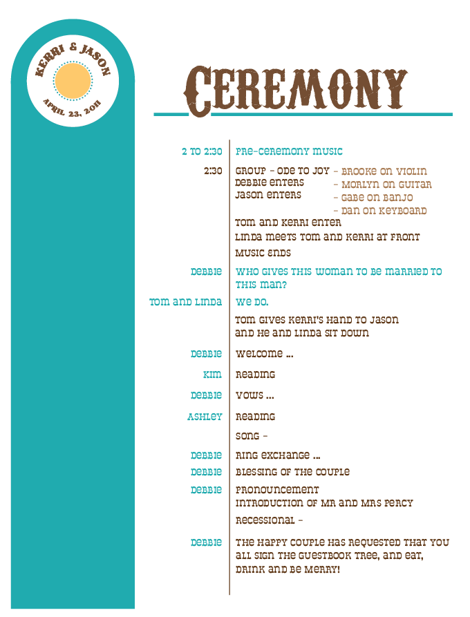 Kerri Gilpin-Jason Percy Wedding: Ceremony and Reception Lineup