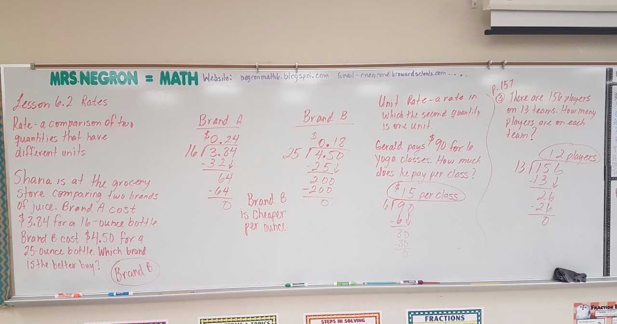 Mrs. Negron 6th Grade Math Class: Lesson 6.2 Rates