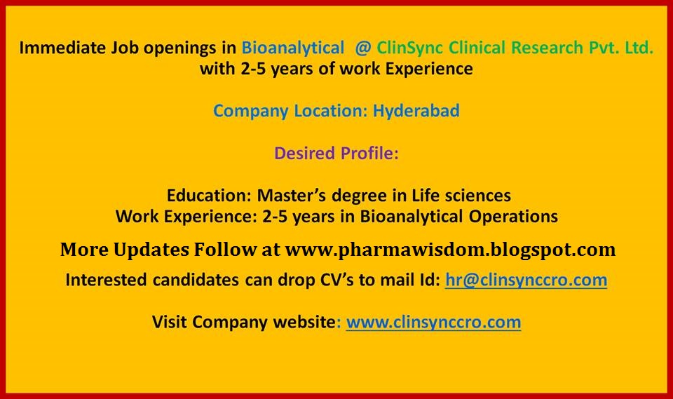Immediate Job Openings in Bio-analytical @ ClinSync Clinical Research ...