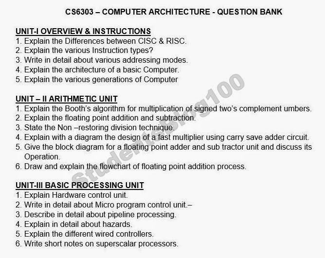 CS6303 COMPUTER ARCHITECTURE COA IMPORTANT QUESTIONS - 3RD SEM CSE/IT REG 2013 ANNA UNIVERSITY ...
