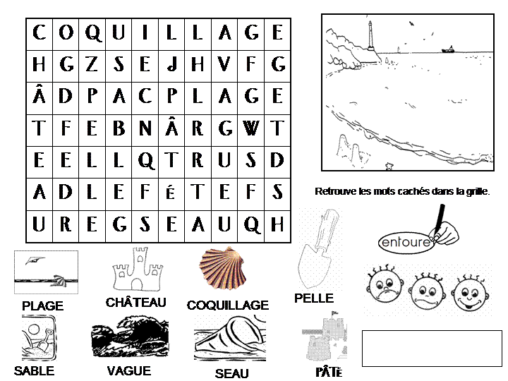 Maternelle: Mots mêlés à la plage