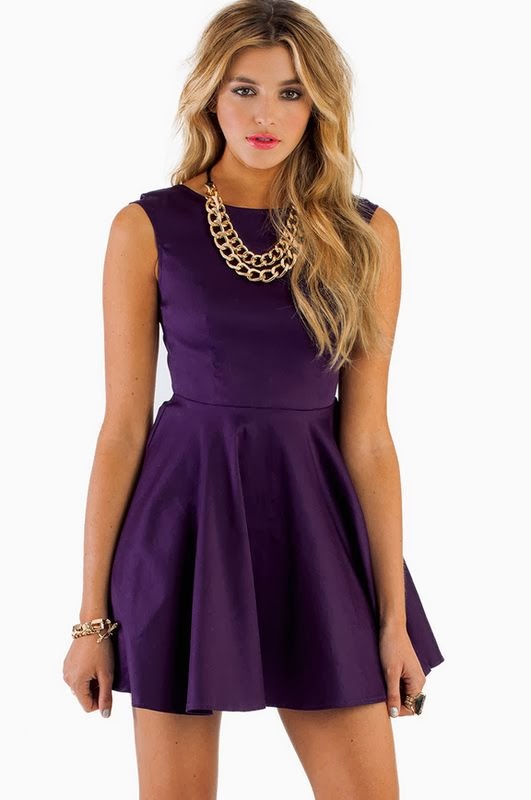 Mini skirt purple party dress with golden chain necklace College Fashion
