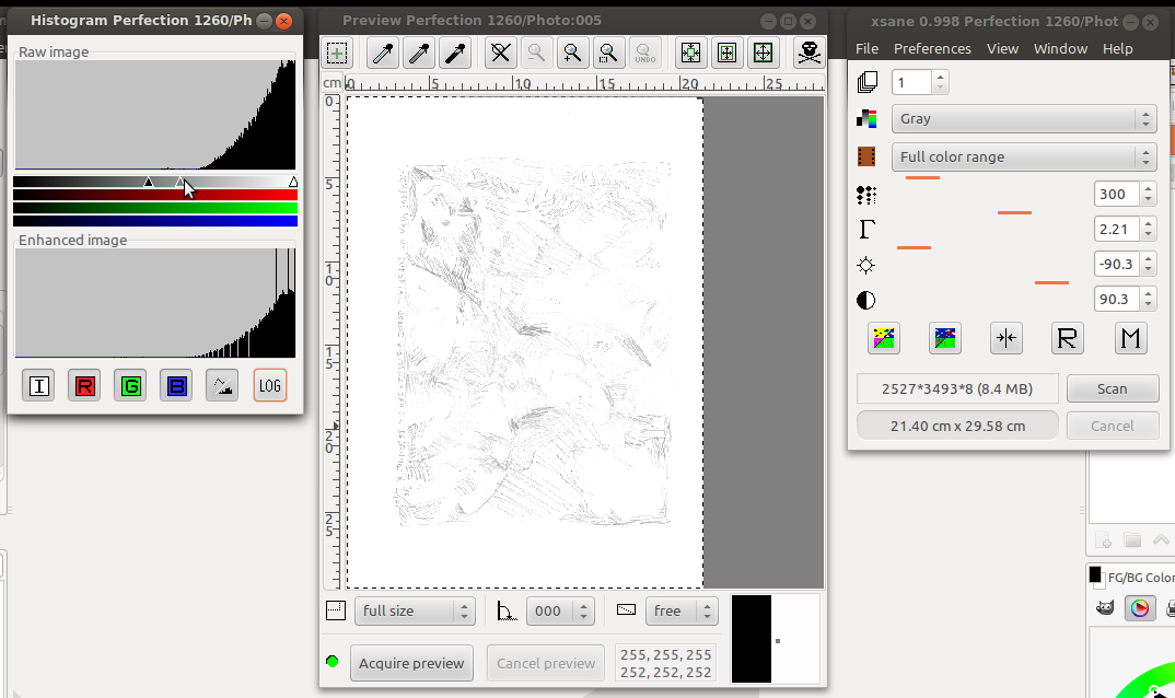 Scanning pencil drawing on linux in three steps
