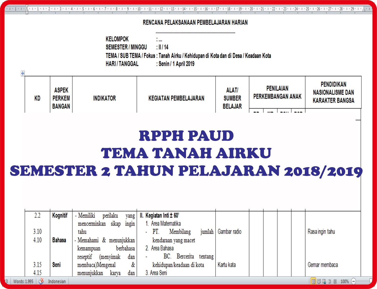 RPPH PAUD TEMA TANAH AIRKU SEMESTER 2 TAHUN PELAJARAN 2018/2019 - ARSIP ...