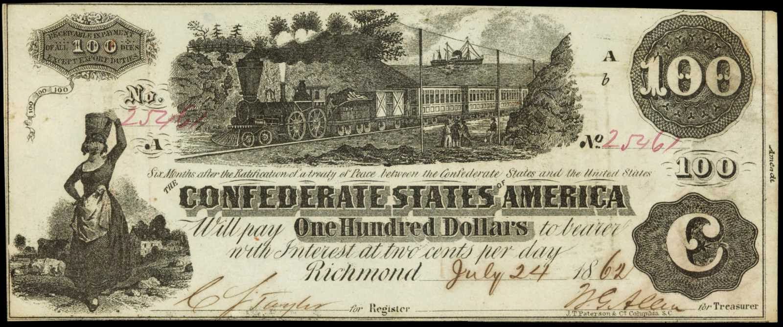 Confederate Paper Money 1862 $100 Dollar CSA Locomotive Note Richmond T ...