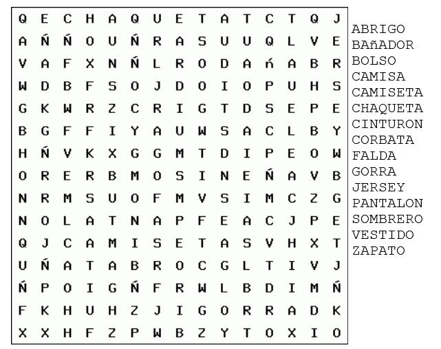 Sopa letras ropa - Imagui