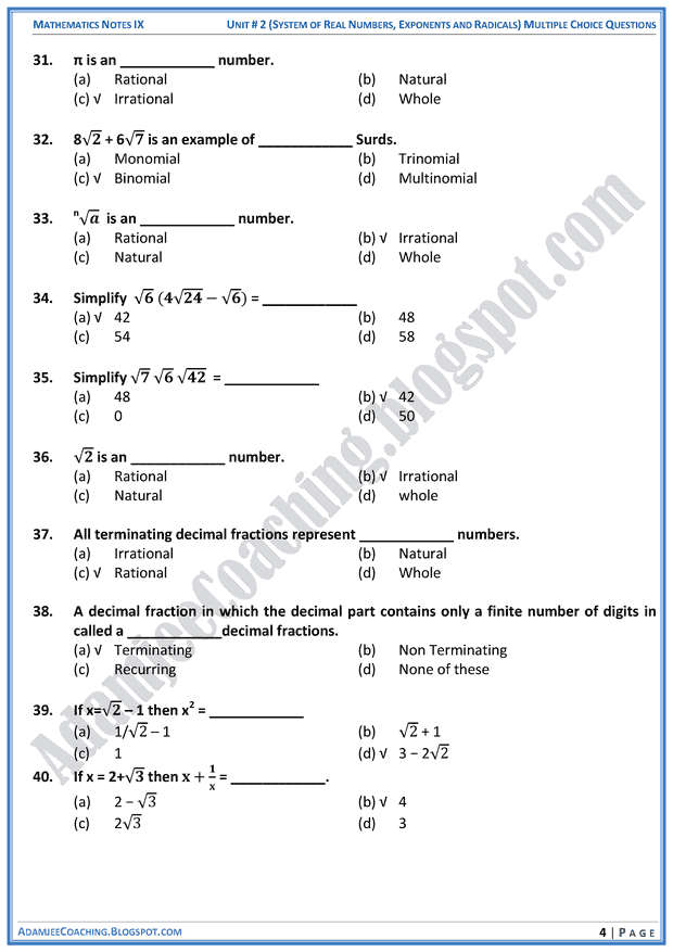 Adamjee Coaching: System of Real Numbers, Exponents and Radicals - MCQs ...
