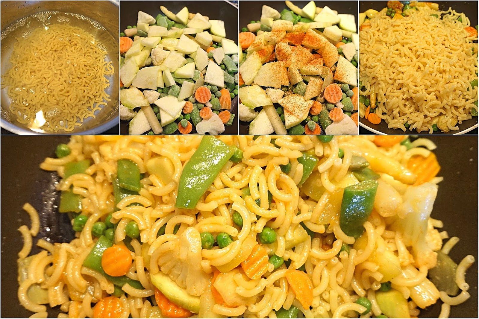 Pasta con vegetales. A la sartén.