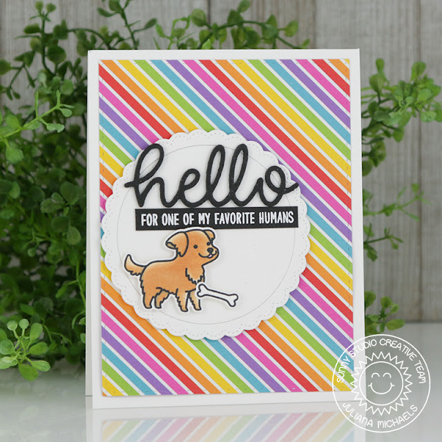 Sunny Studio: Devoted Doggies Rainbow Background Hello Card with Juliana