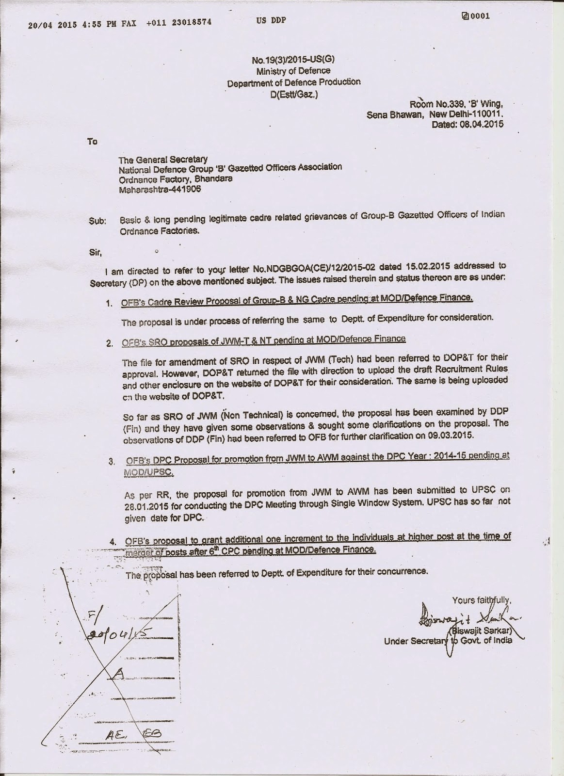 National Defence Group B Gazetted Officers Association: LETTER FROM US ...