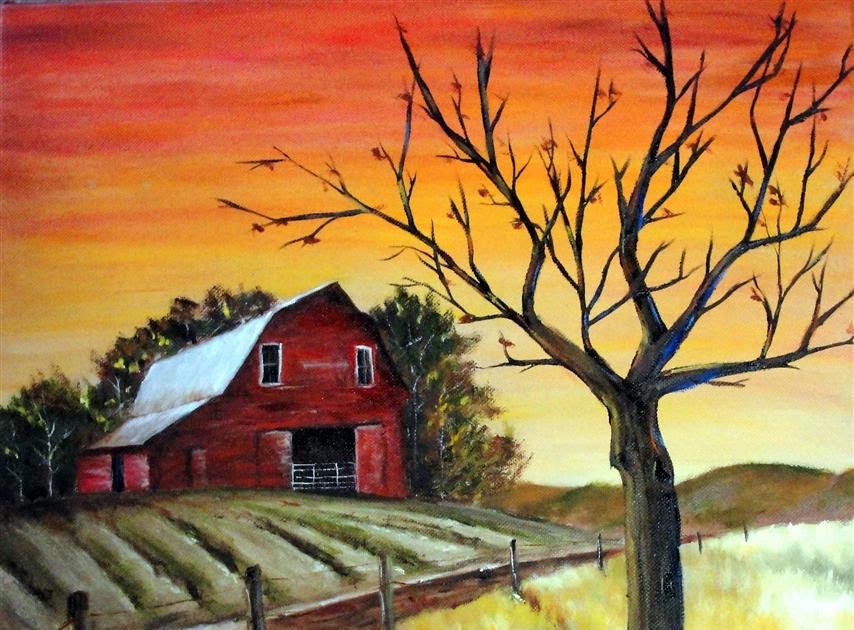 Word Weaver Art: Red Barn at Sunset