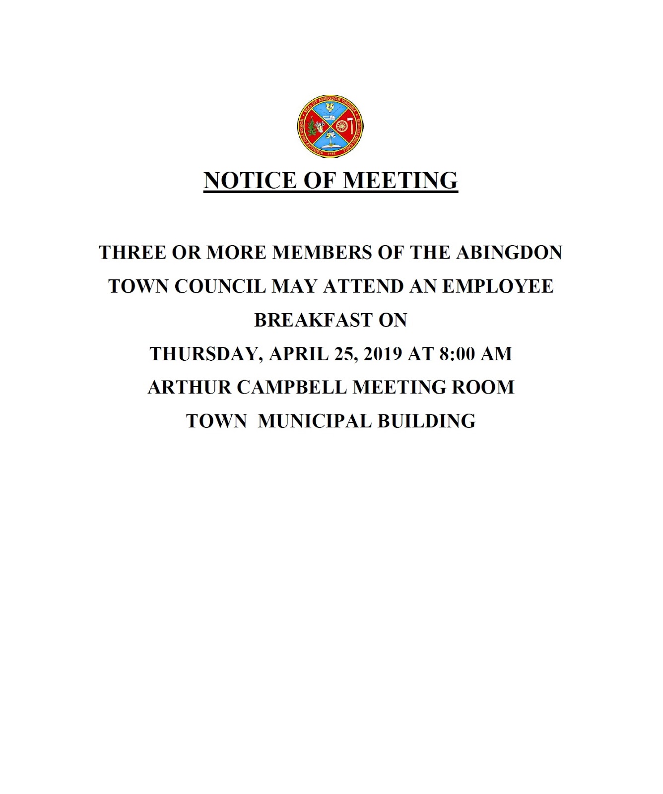 Town of Abingdon, Virginia : Employee Breakfast Meeting Notice for 4-25-19