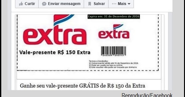 É boato: "Ganhe seu vale-presente GRÁTIS de R$150 da Extra".