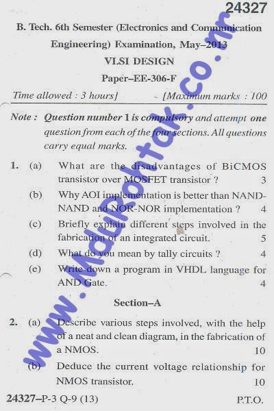 Vlsi design - May 2013 - B.Tech. 6th Semester Question Paper