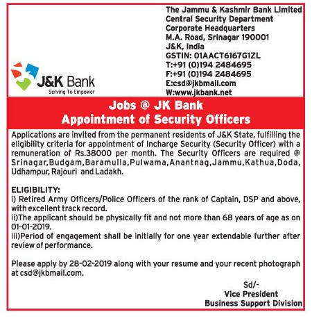 JK Bank Security Officer Recruitment 2019 - Kashmir Snaps