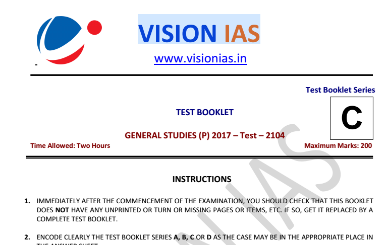 VISION IAS Question Paper and Answer key - मेरा सहयोगी