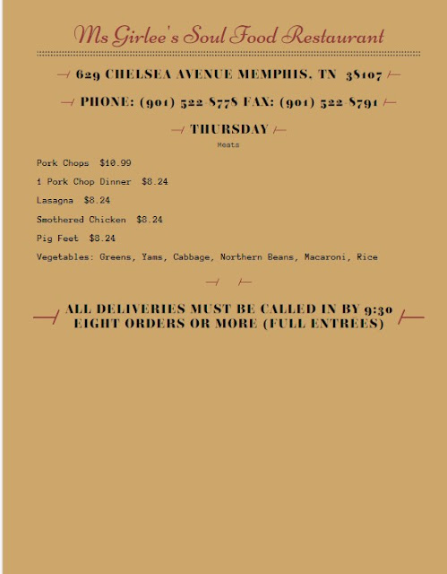 Ms Girlee's Soulfood Restaurant: Thursday's Menu