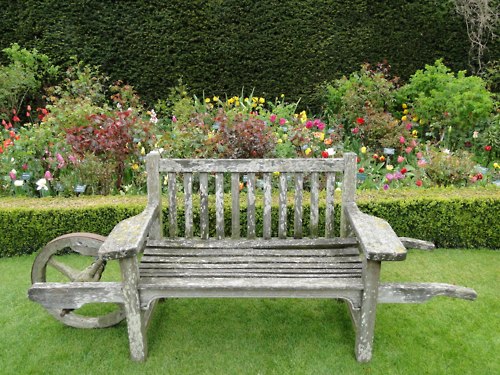 Wheelbarrow bench, Abbey House Gardens, Malmesbury, Wiltshire. via