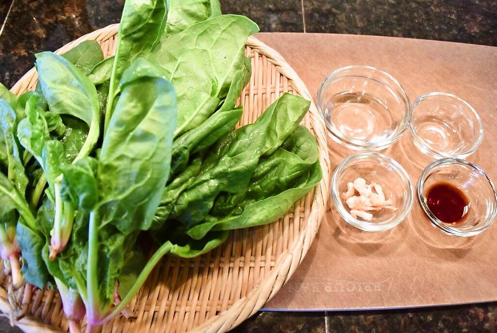 Recipes for Tom: Horenso no shami-ae / spinach with dried shrimp dressing