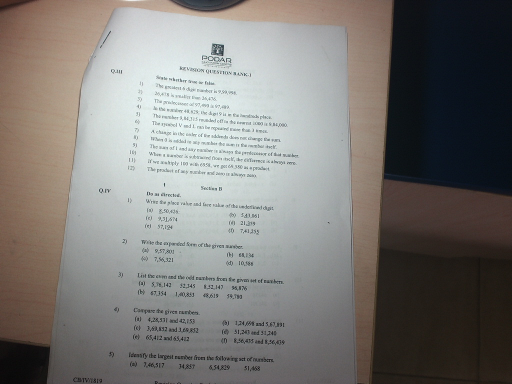 Maths Revision Question bank Class 4 (A,B and C)