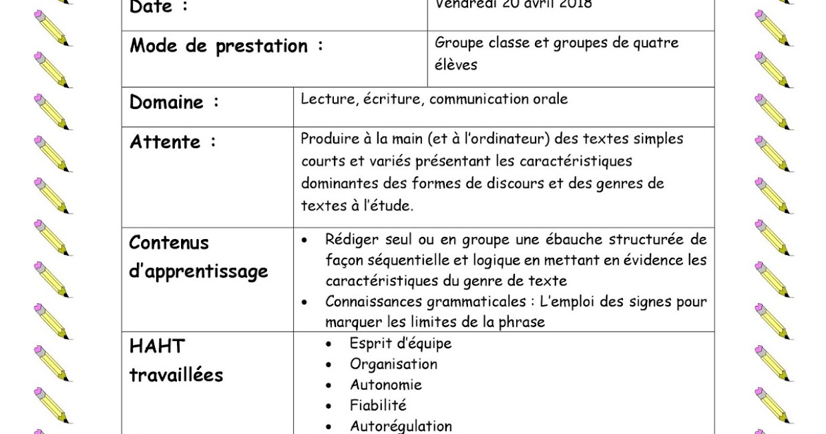 La classe de Madame Fatima : Exemple de plan de leçon en français ...