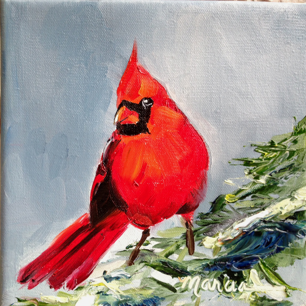 Painting by the Lake: Red Bird in the Pines- SOLD