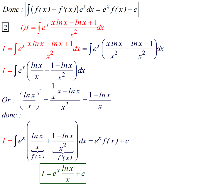Easy Integrals? int(exp(x)[f(x)+f'(x)] démonstration et application.