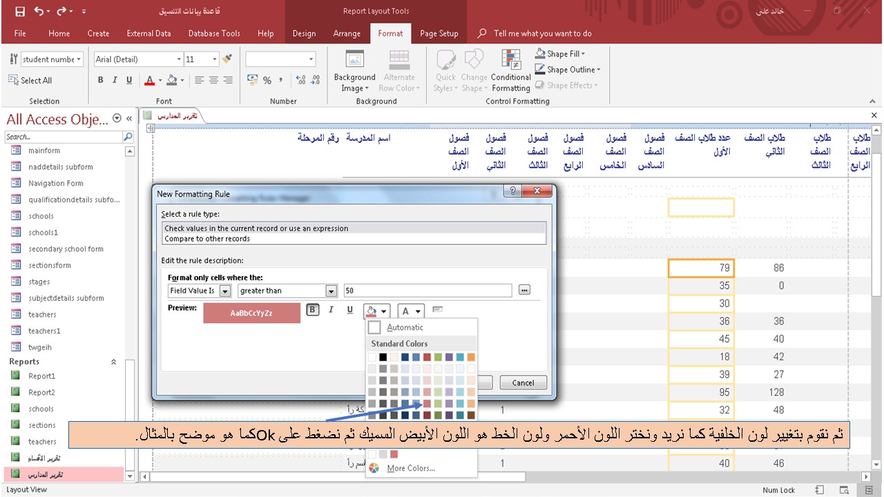 التنسيق الشرطي Conditional formatting في الاكسيس Ms access - مدرسة الويب web school