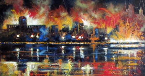 Mary Opat Art: "City on Fire" Acrylic Cityscape Painting by Arizona ...